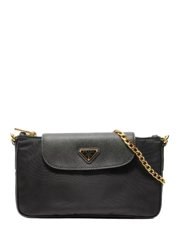 Prada Logo Plaque Flap Chain Shoulder Bag - Black