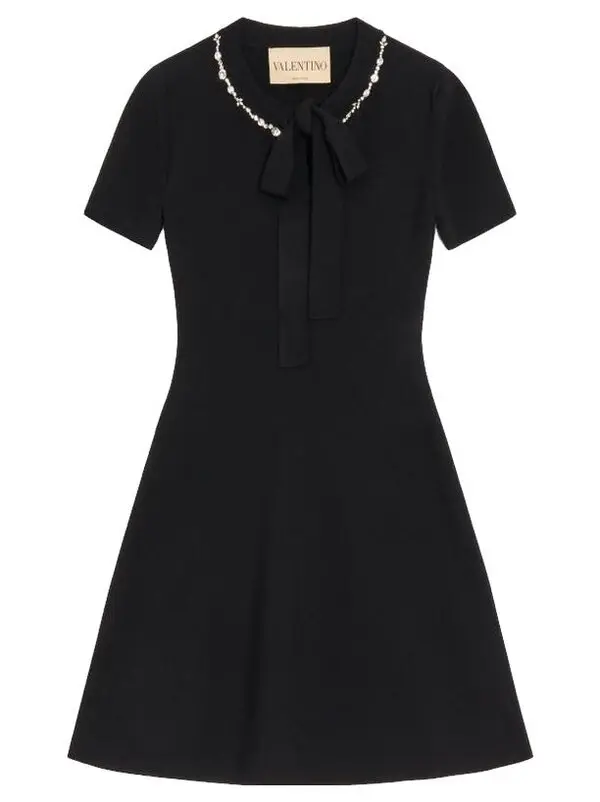 Valentino Garavani Embroidered Knit Dress With Rhinestone Necklace - Black