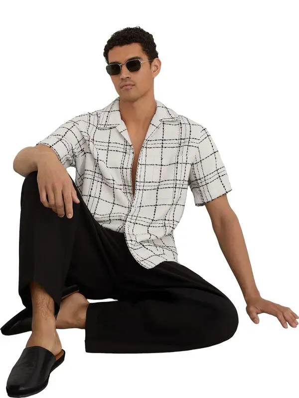 REISS Moran Textured Check Cuban-collar Shirt With Cotton - White/black