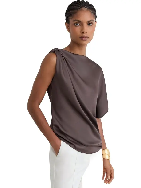 REISS Kezia One-shoulder Satin Top - Mauve
