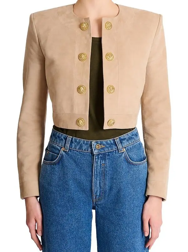 Balmain Cropped Suede Leather Jacket - Beige
