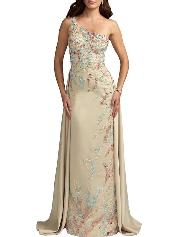 Mac Duggal One-shoulder Gown With Embellished Bodice And Overskirt - Champagne Multi