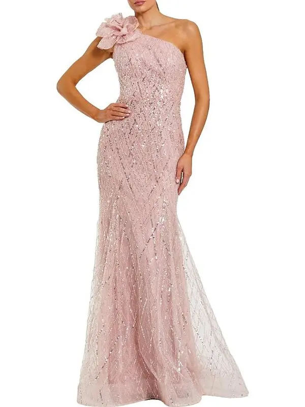 Mac Duggal One Shoulder Sequin Trumpet Gown With Floral Applique - Rose