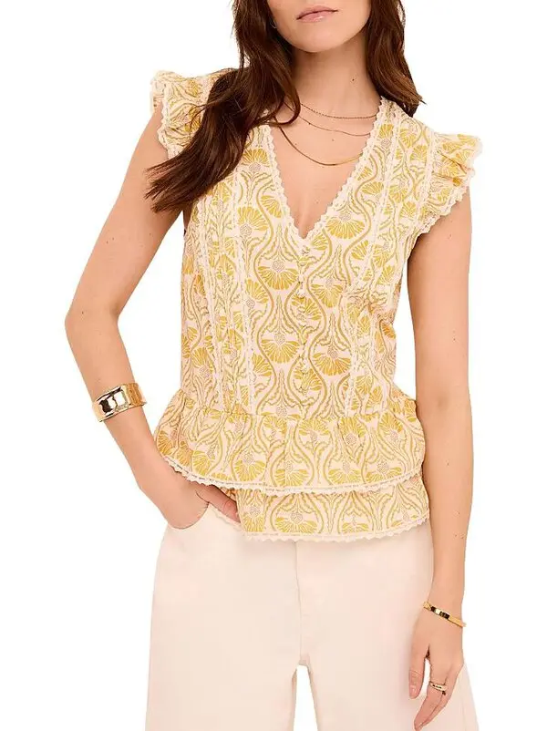 Mint Velvet Cotton Floral Print Top With Ruffle Cap Sleeves And Peplum Hem - Yellow