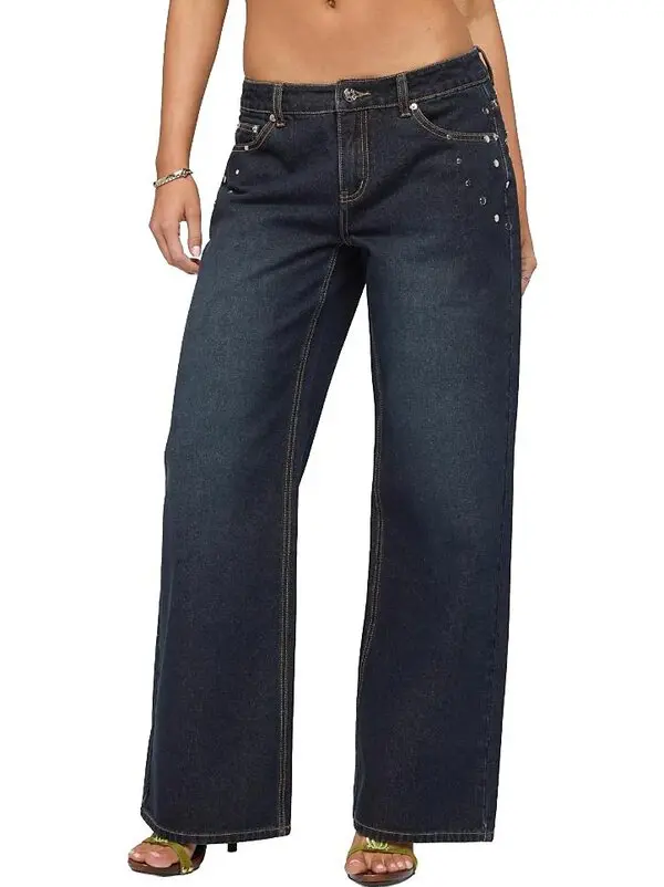 EDIKTED Spiral Studded Low Rise Baggy Jeans - Dark-blue-washed