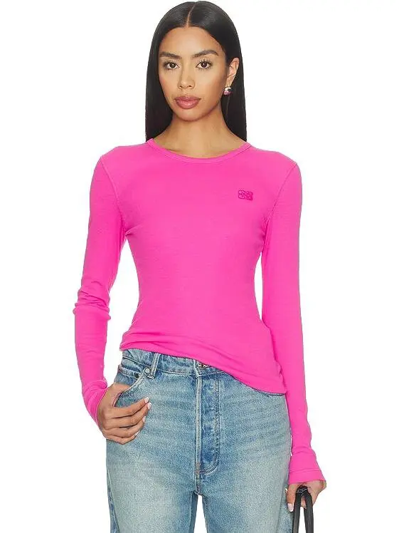 GANNI Soft Cotton Rib Long Sleeve Top - Raspberry Rose