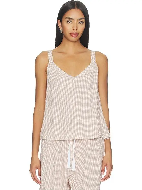 Eberjey Linen Blend V Neck Cami Top - Gingham White & Warm Taupe