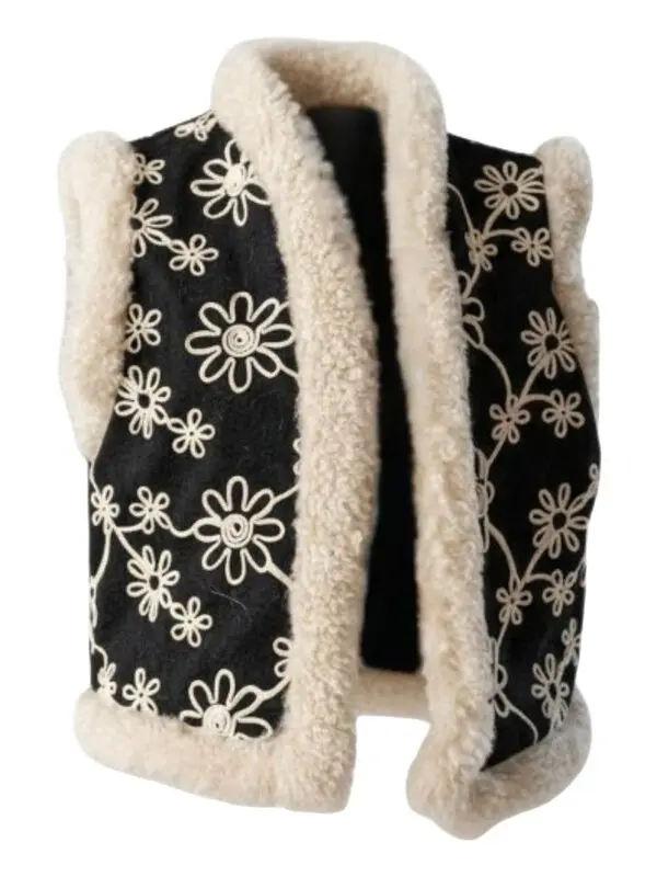 IZABELA MANDOIU Floral Shearling Trim Vest - Black