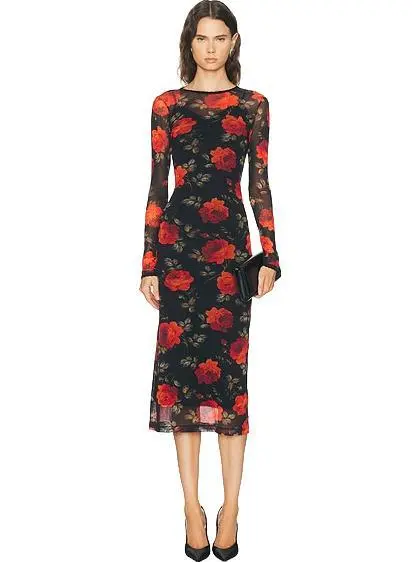 Carolina Herrera Long Sleeve Floral Print Midi Dress - Black Multi