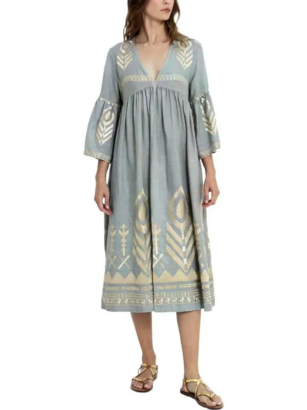 Greek Archaic Kori Embroidered Bell-sleeve Dress - Blue