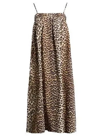 GANNI Leopard-print Organic Cotton Midi Dress - Beige