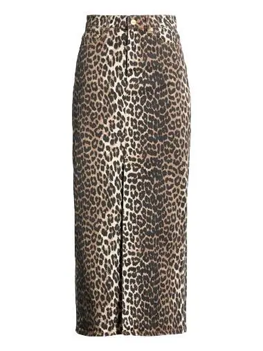 GANNI Leopard Print Flared Denim Midi Skirt With Logo - Beige
