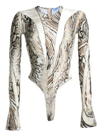 MUGLER Snakeskin Print Long Sleeve Bodysuit - Beige