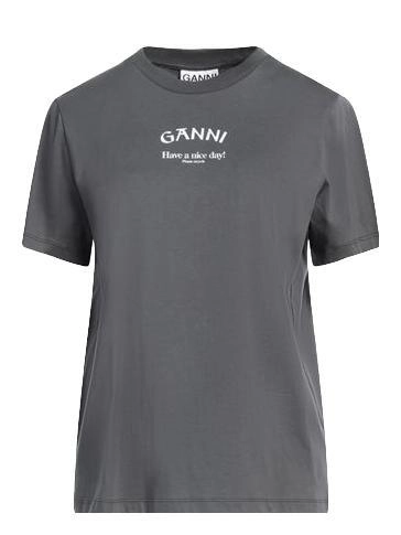 GANNI Cotton Jersey T-shirt With Logo Print - Lead