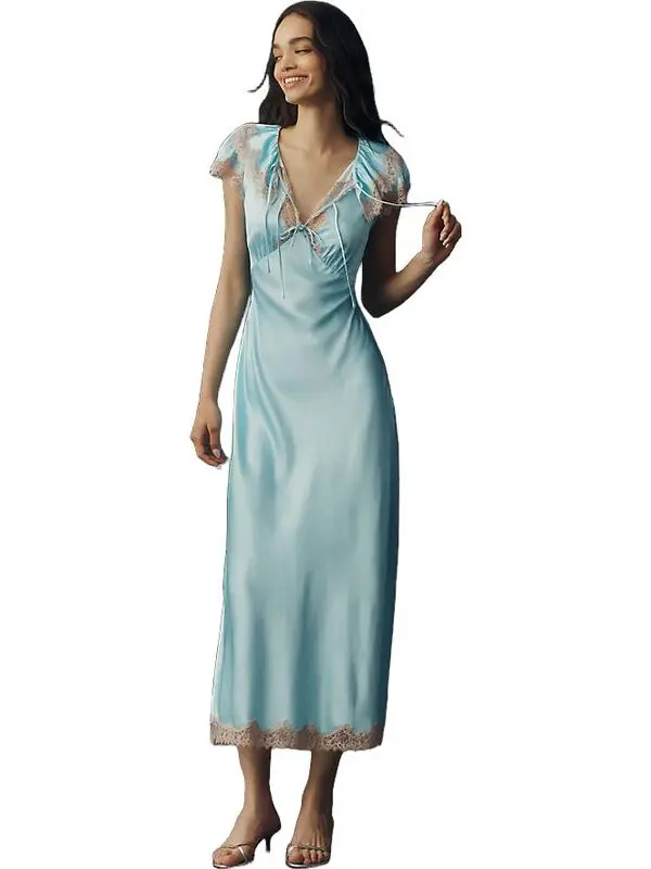 Rixo Vivienne Satin Maxi Dress With Lace Trim - Aqua Blue