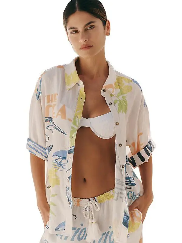 CELANDINE Linen Blend Button Down Shirt - Ivory Pattern