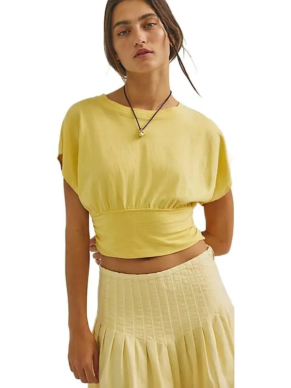 Free People Ralphie" Cotton Cropped Tee With Ruched Sides - Sicilian Yellow