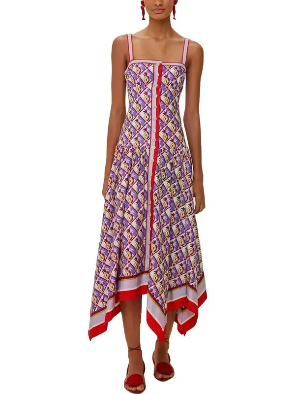 Farm Rio Graphic Print Handkerchief Hem Dress - Purple