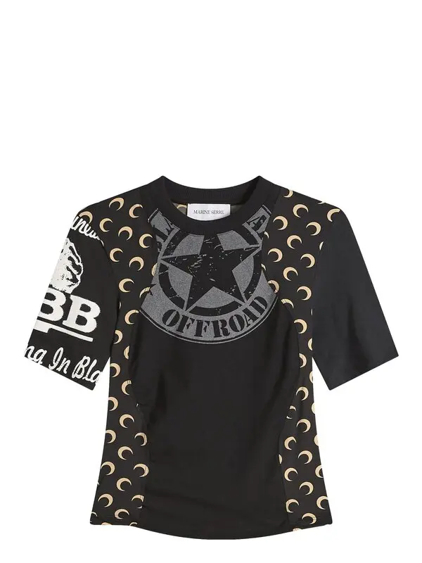 MARINE SERRE Baby Fit T-shirt With Graphic And Crescent Moon Inserts - Black/inverse Tan
