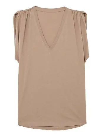 REISS Renee V-neck Gathered Cotton T-shirt - Taupe Neutral