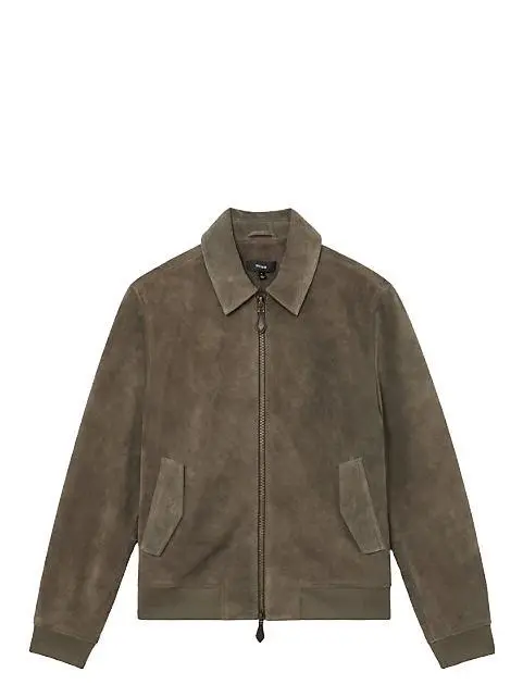 REISS Zip-up Suede Jacket - Olive Green