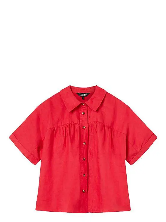 Whistles Short-sleeved Gathered Linen Shirt - Red