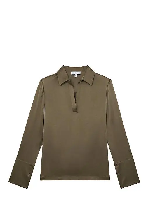REISS Marina Open-collar Silk Blouse - Khaki Green