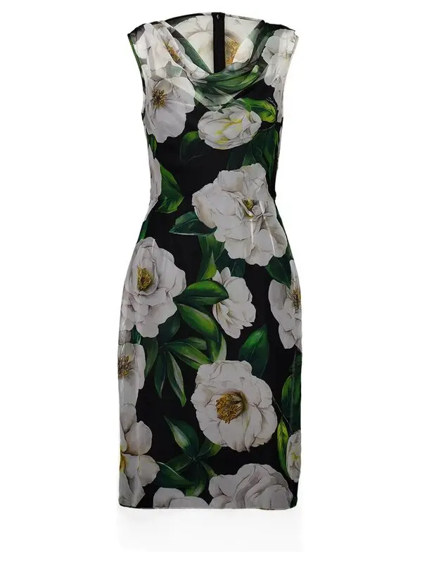 Dolce & Gabbana Gardenia Print Chiffon Midi Dress - Black