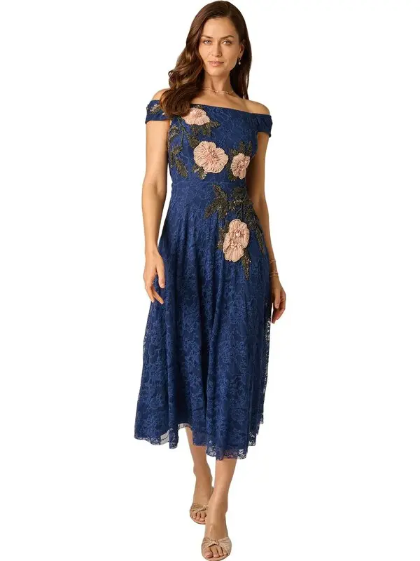 Adrianna Papell Off-the-shoulder Beaded Lace Midi Dress - Navy/blush
