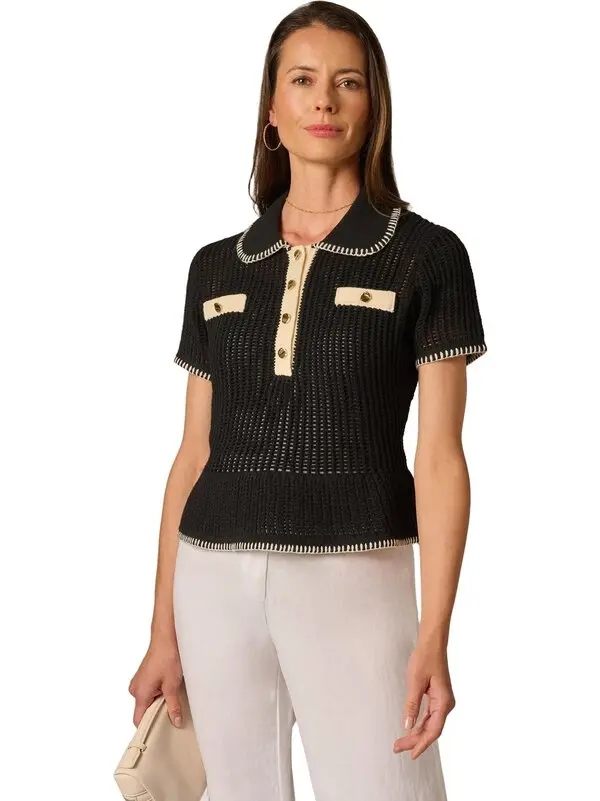 Adrianna Papell Open Knit Whipstitch Polo Sweater - Black/cream
