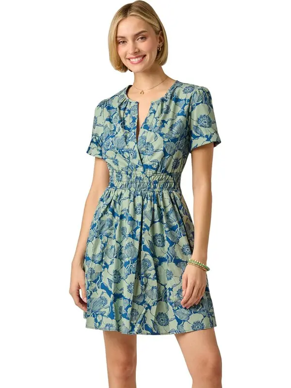 Adrianna Papell Short Sleeve Printed Cotton Sophia Dress - Navy/sage