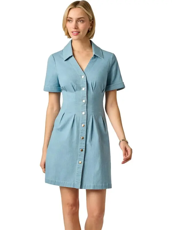 Adrianna Papell Short Sleeve Cotton Chambray A-line Dress - Chambray Blue