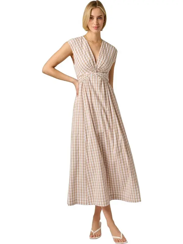 Adrianna Papell Gingham Cotton Midi Dress - Beige/ivory