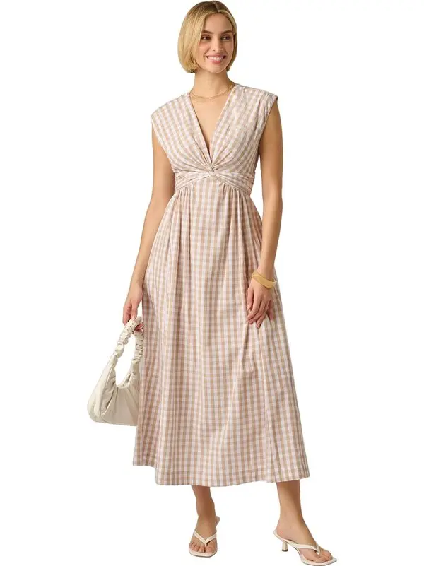 Adrianna Papell Gingham Cotton Midi Dress - Beige/ivory