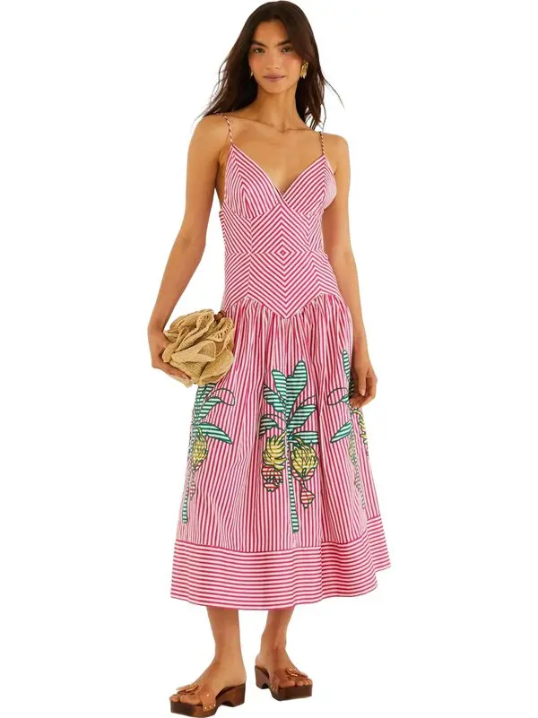 Farm Rio Red Palm Tree Stripes Cutwork Organic Cotton Midi Dress - Multi