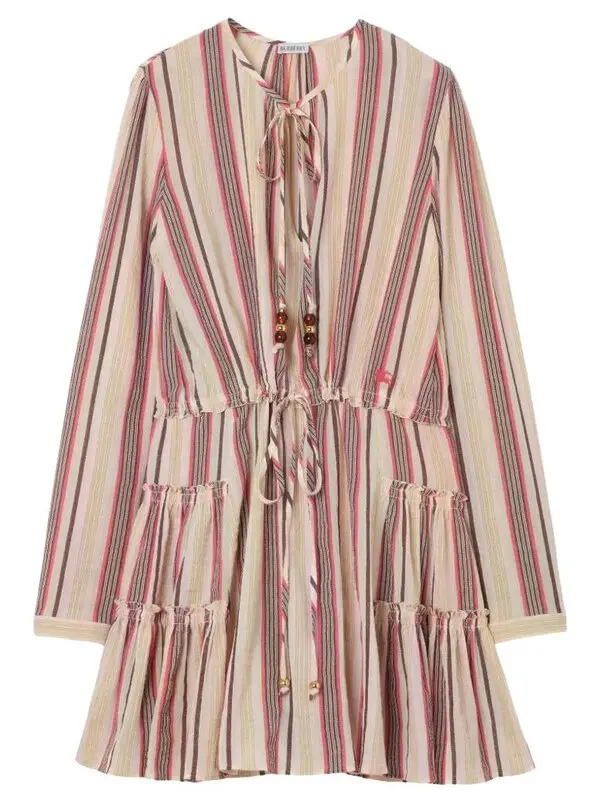 Burberry Striped Cotton Voile Mini Dress With Ruffled Skirt - Neutrals