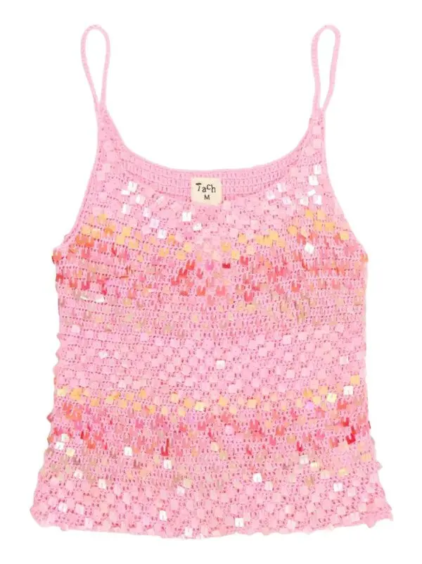 TACH Sequined Crochet Knit Top - Pink