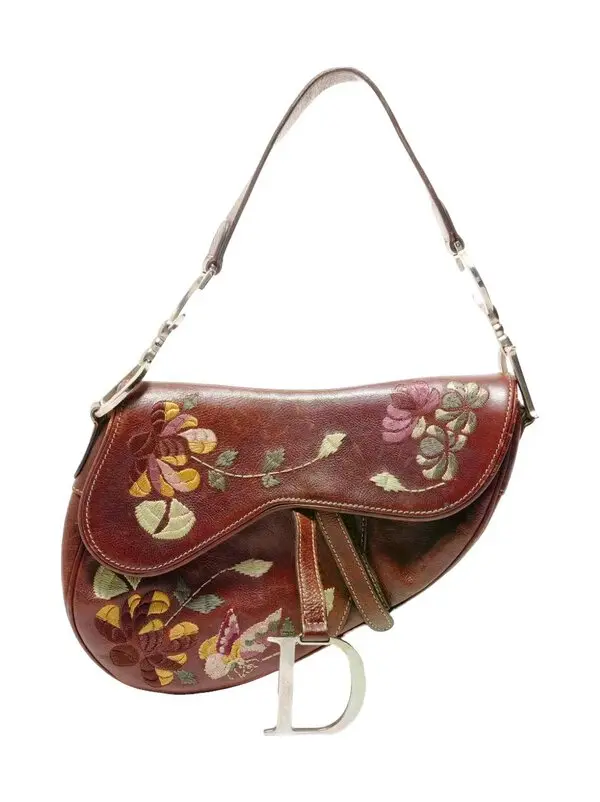 Dior 2005 Floral Embroidered Saddle Handbag - Brown