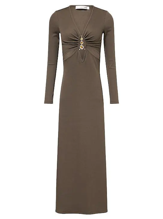 Christopher Esber Droplet Crystal Rib-knit Maxi Dress - Husk