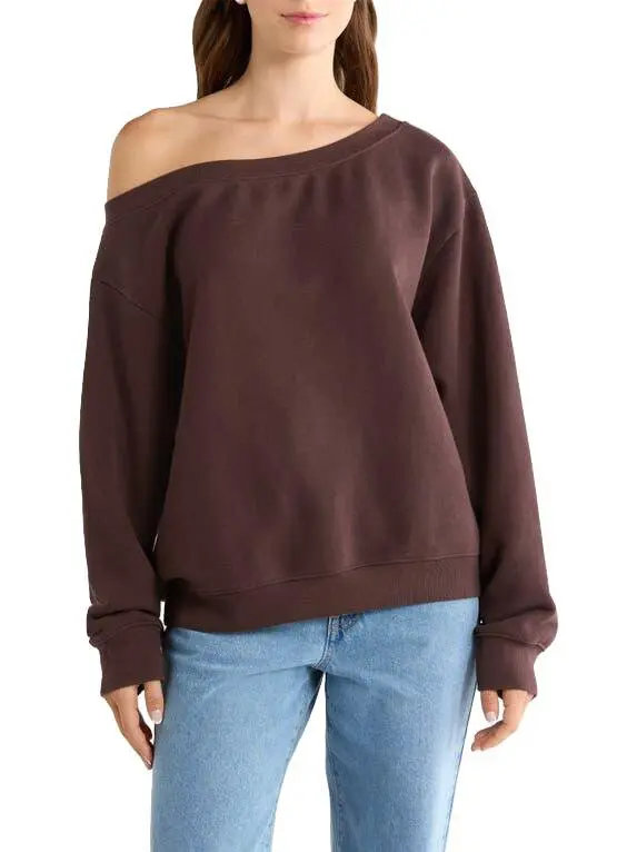 Princess Polly One-shoulder Sweatshirt - Washed Brown