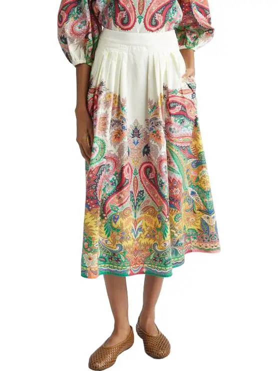 Etro Paisley Pleated Cotton Voile Midi Skirt - Print On White Base