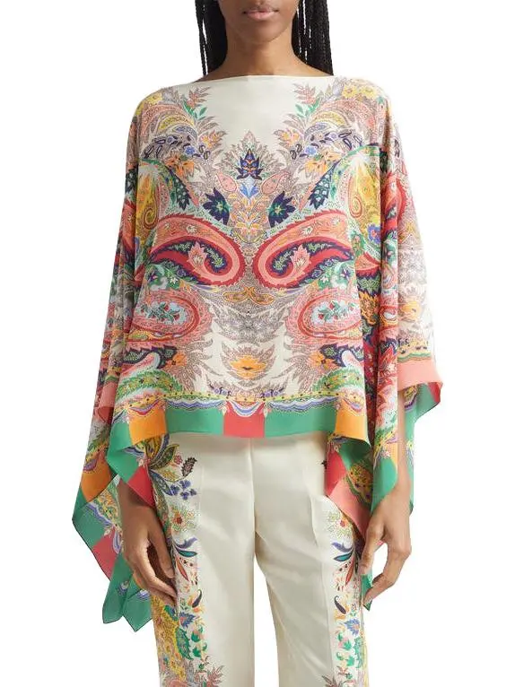 Etro Printed Silk Chiffon Poncho - Print On White Base