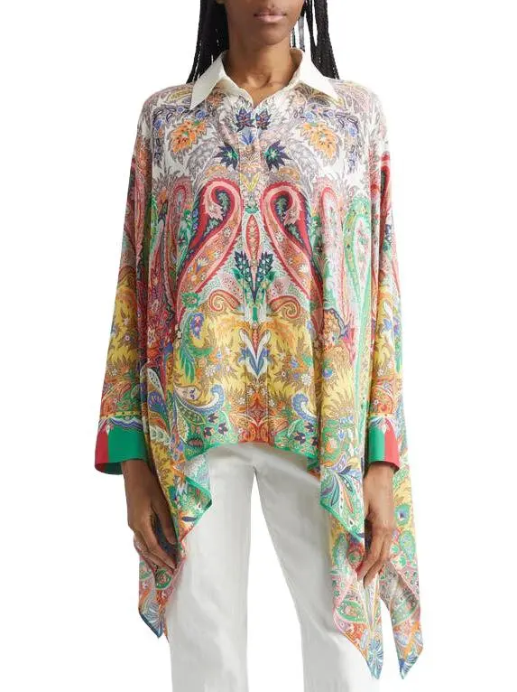 Etro Paisley Print Button-up Poncho - Print On White Base