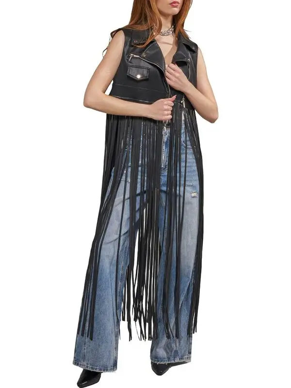 AZALEA WANG Arden Fringe Faux Leather Vest - Black