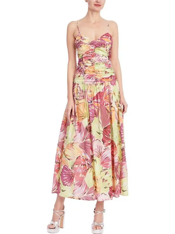 Badgley Mischka Floral Print Ruched Midi Dress - Pink Multi