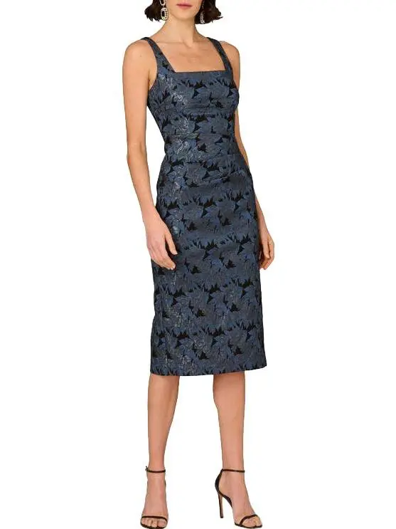 Aidan Mattox Metallic Floral Jacquard Square Neck Midi Dress - Black/navy
