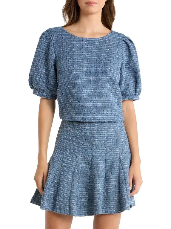 SUGARLIPS Crop Puff Sleeve Tweed Top - Blue