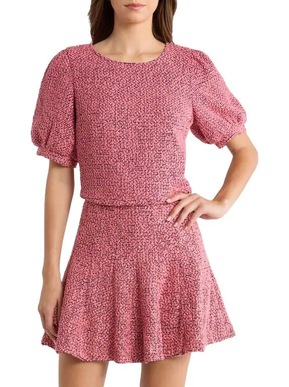 SUGARLIPS Crop Puff Sleeve Tweed Top - Coral-mul