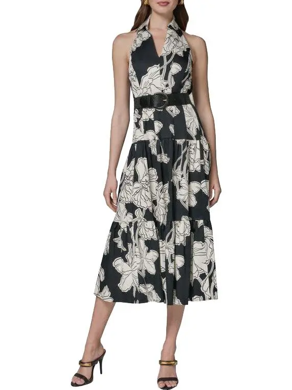 Donna Karan New York Floral Print Halter Midi Dress - Black Cream