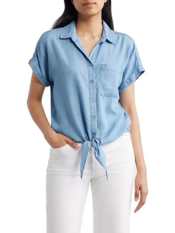 BEACHLUNCHLOUNGE Romi Tie Front Denim Shirt - Light Wash